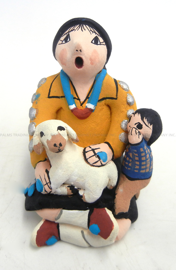 Jemez small seated female storyteller with one child and lamb by Mary ...