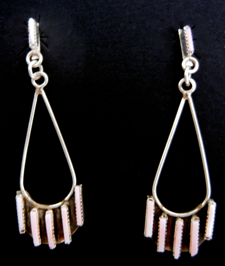 Zuni Pink Mussel Shell Needlepoint and Sterling Silver Post Dangle Earrings