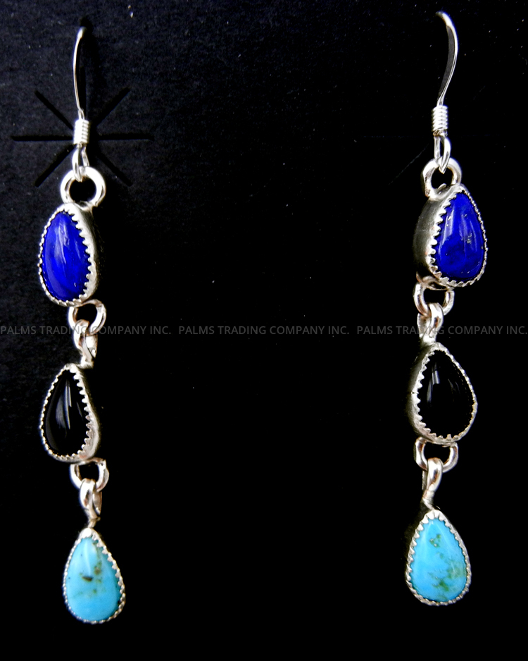 Navajo Lapis, Onyx and Turquoise Triple Stone Dangle Earrings with Sterling Silver